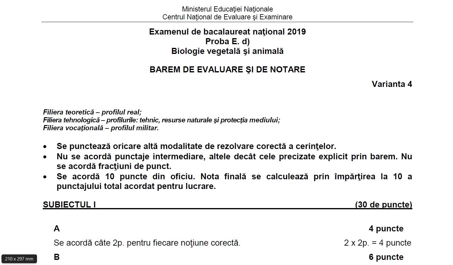 Barem Biologie BAC 2019 - subiecte și notă în funcție de punctaj | Antena 1