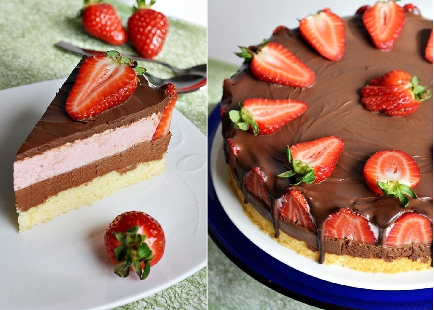 Rețetă de Tort cu mousse de ciocolată și mousse de căpșuni | Antena 1